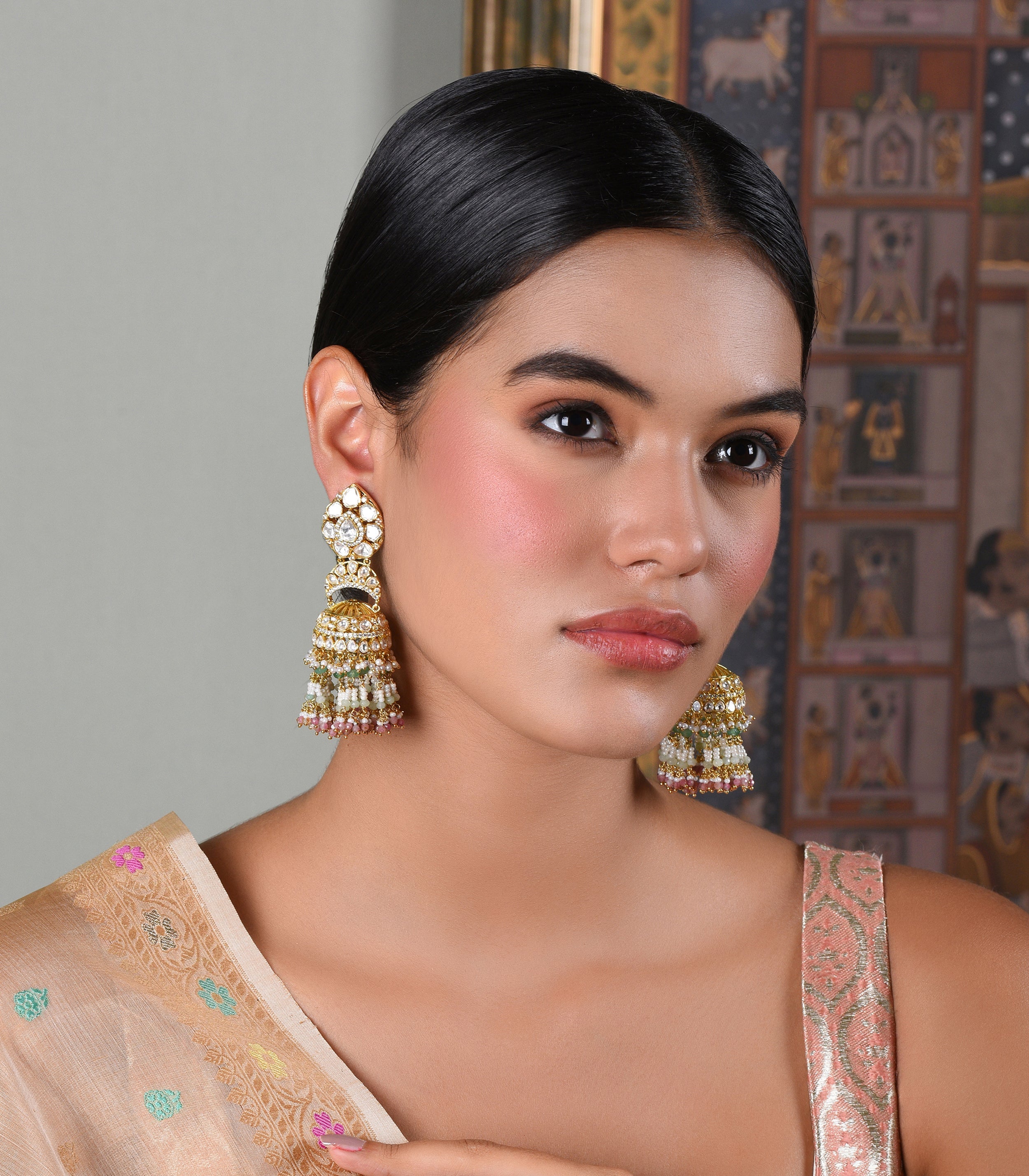 DIVYA GREEN & PINK JHUMKA – Preeti Mohan International